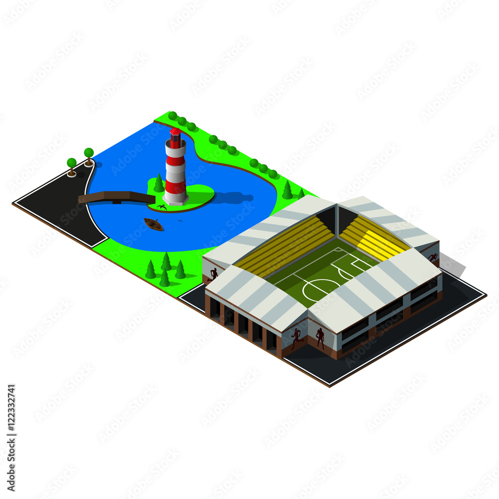 Isometric lighthouse and stadium on the 3d map. Map includes stadium ...