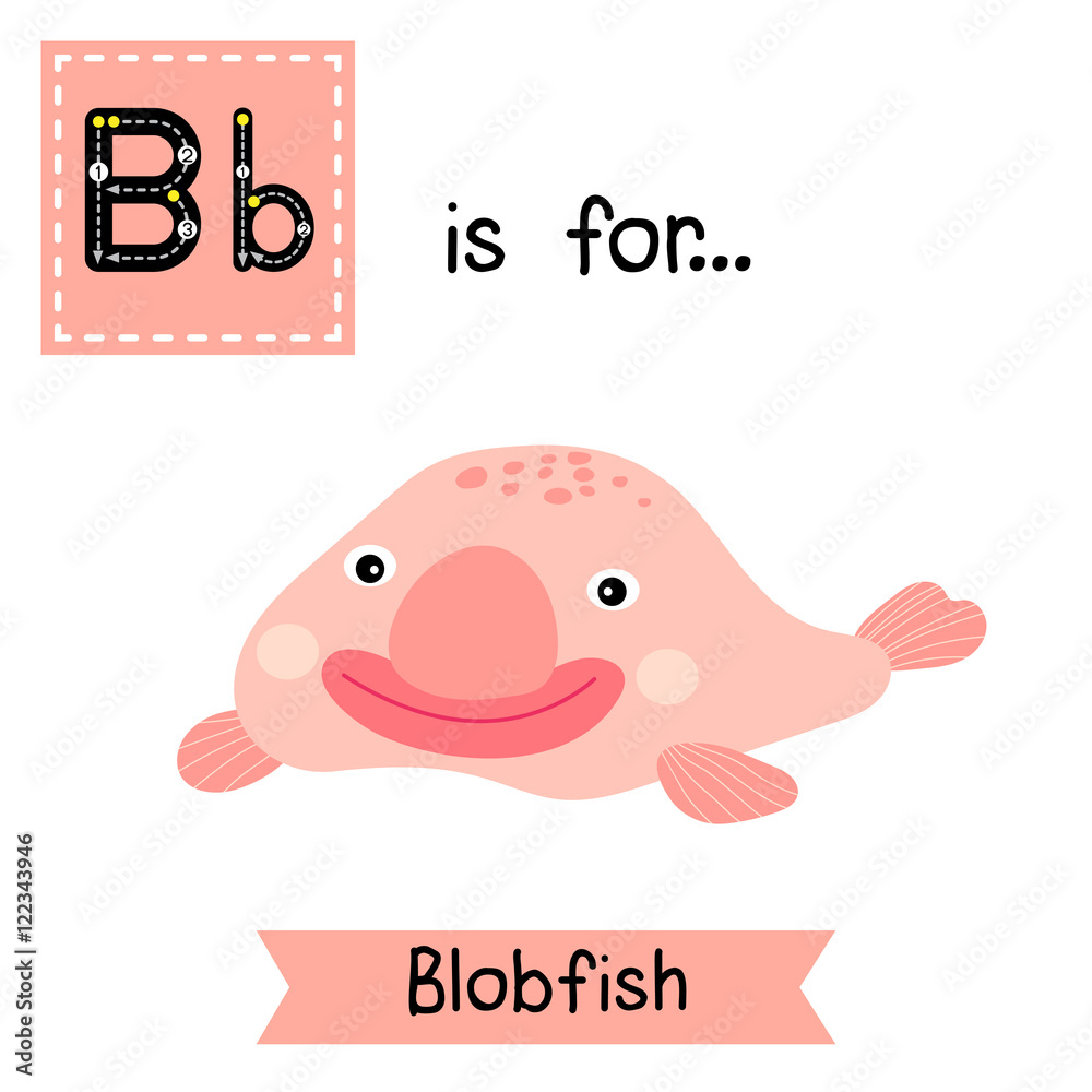 B letter tracing. Happy smiling pink deep sea Blobfish. Cute children ...