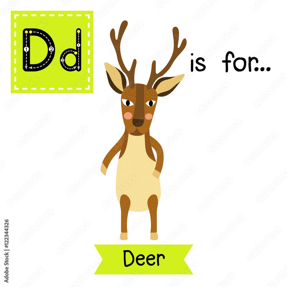 D letter tracing. Deer standing on two legs. Cute children zoo alphabet ...