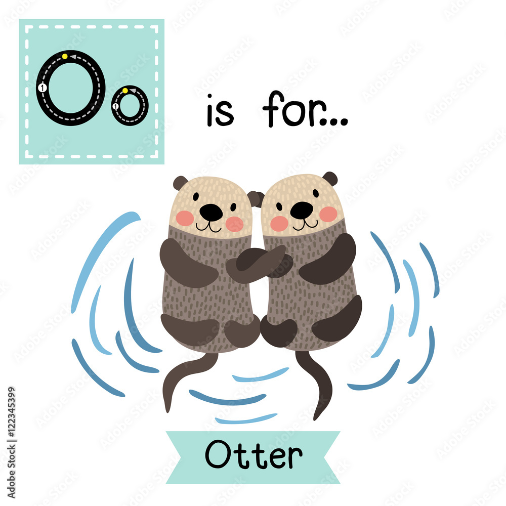 O letter tracing. Otter couple holding hands. Cute children zoo ...