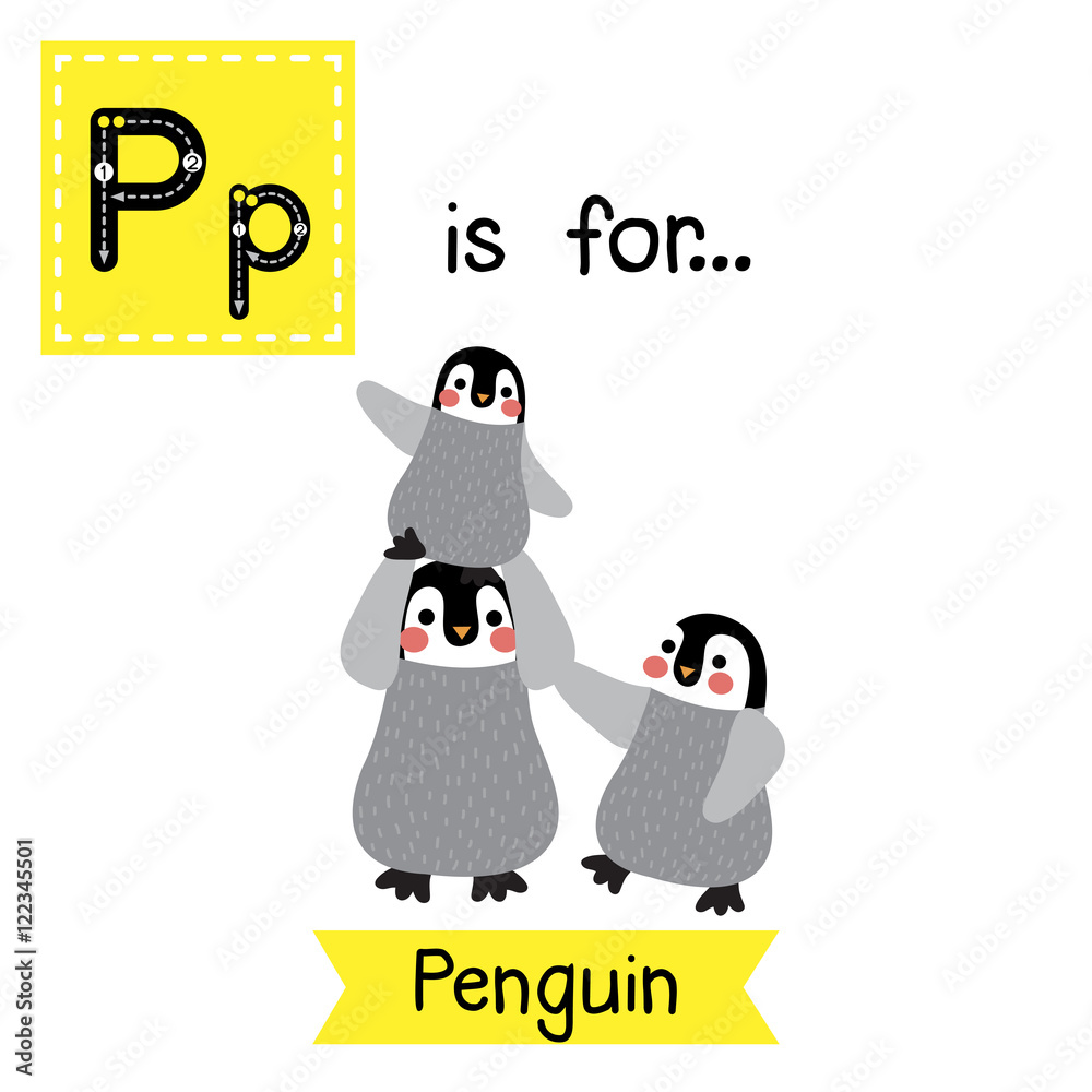 P letter tracing. Penguin family. Cute children zoo alphabet flash card ...