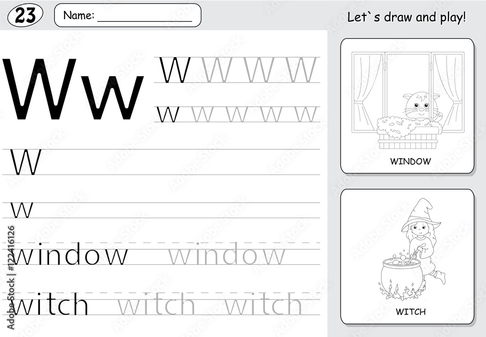 Cartoon witch and window. Alphabet tracing worksheet: writing A- Stock ...