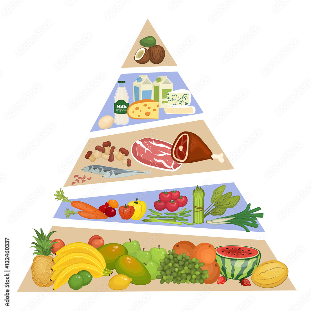 Food pyramid. Fruits, vegetables, meat and fish, dairy products vector ...