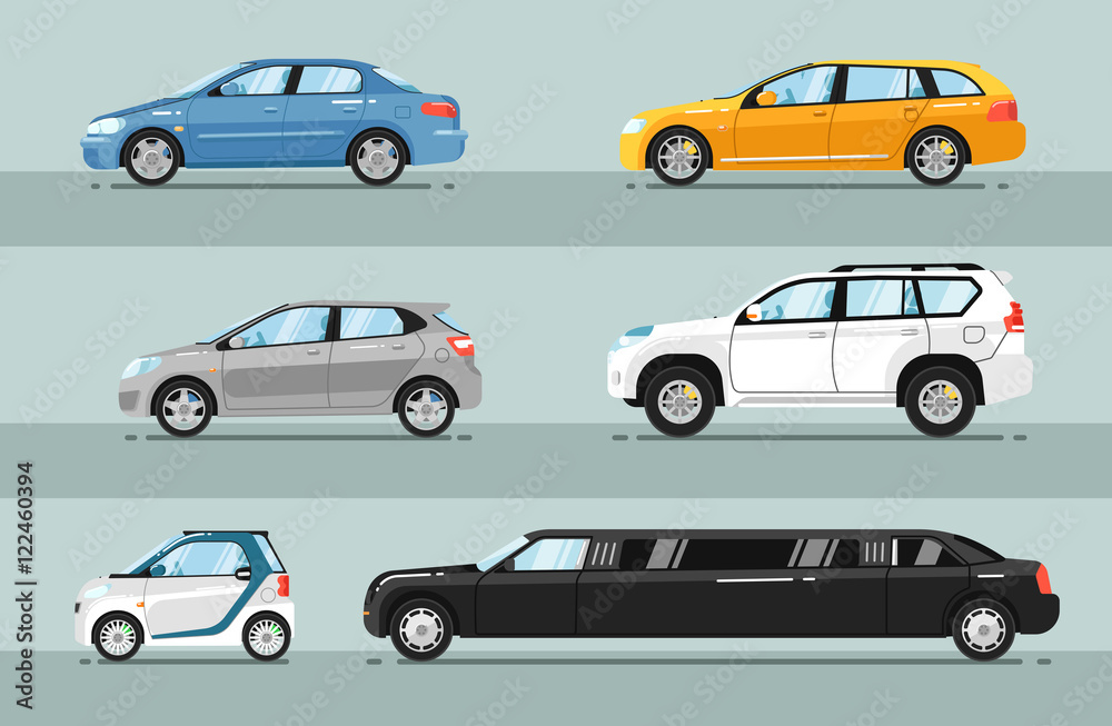 Different passenger cars. Sedan, universal, hatchback, off-road, SUV ...