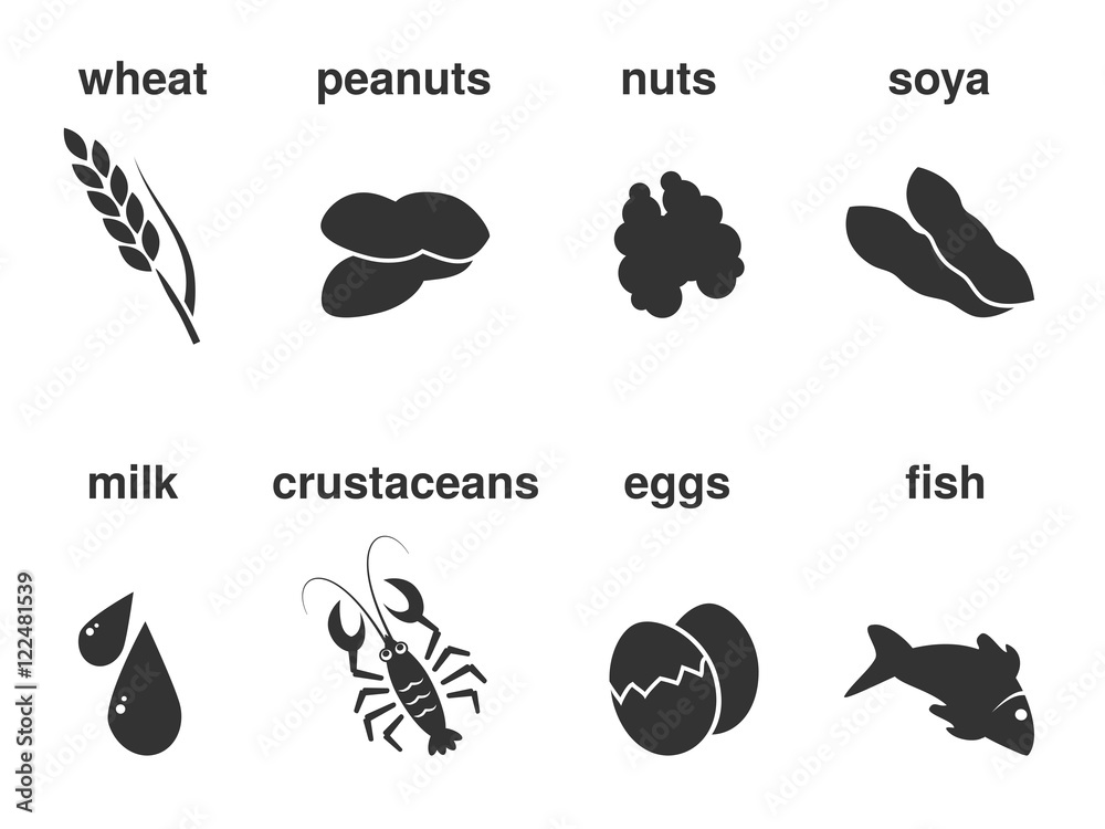 Vector set of dark grey symbols of the most common food allergies. Icon ...