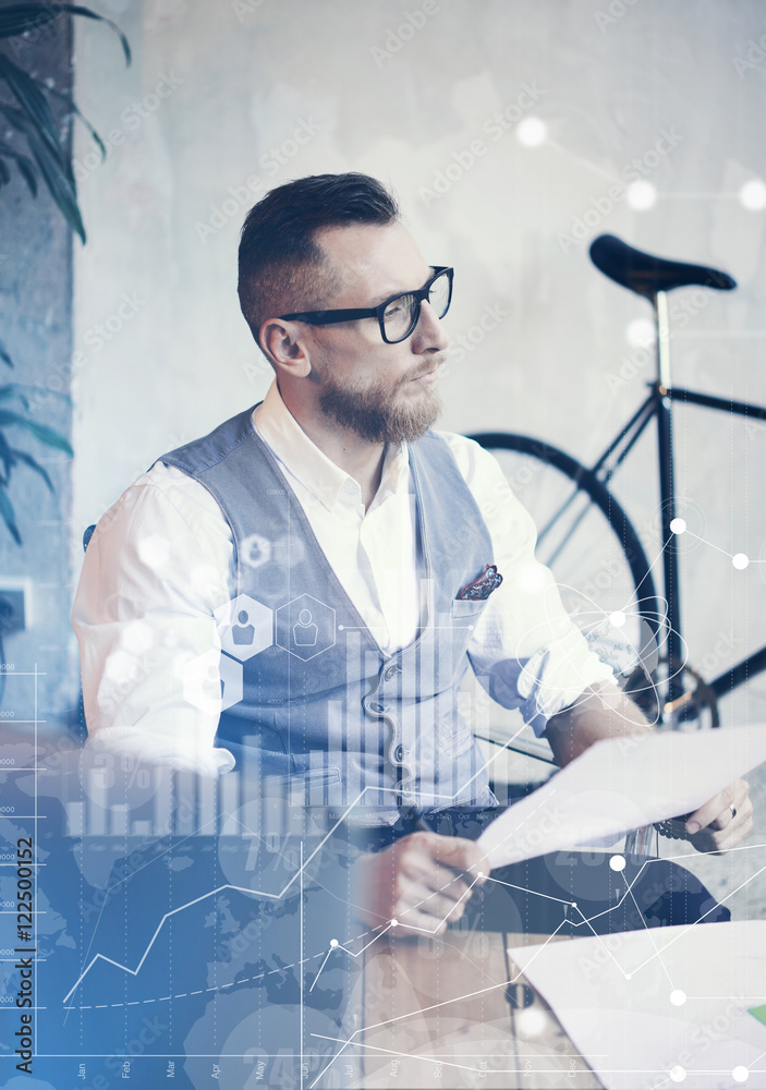 Concept Global Connection Virtual Icon Diagram Graph Interface Innovations Reserch.Bearded ...