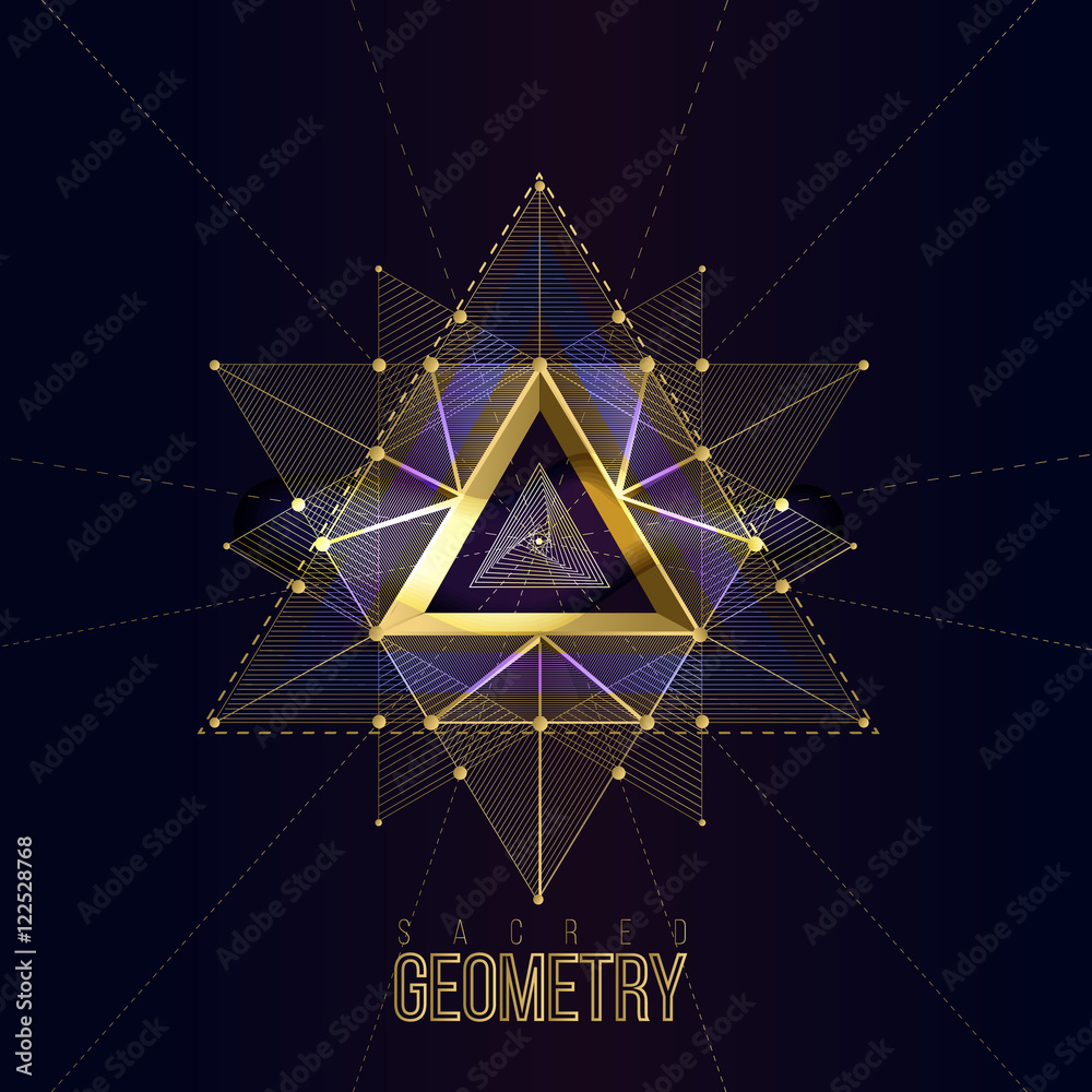 Sacred geometry forms on space background, shapes of gold lines for ...