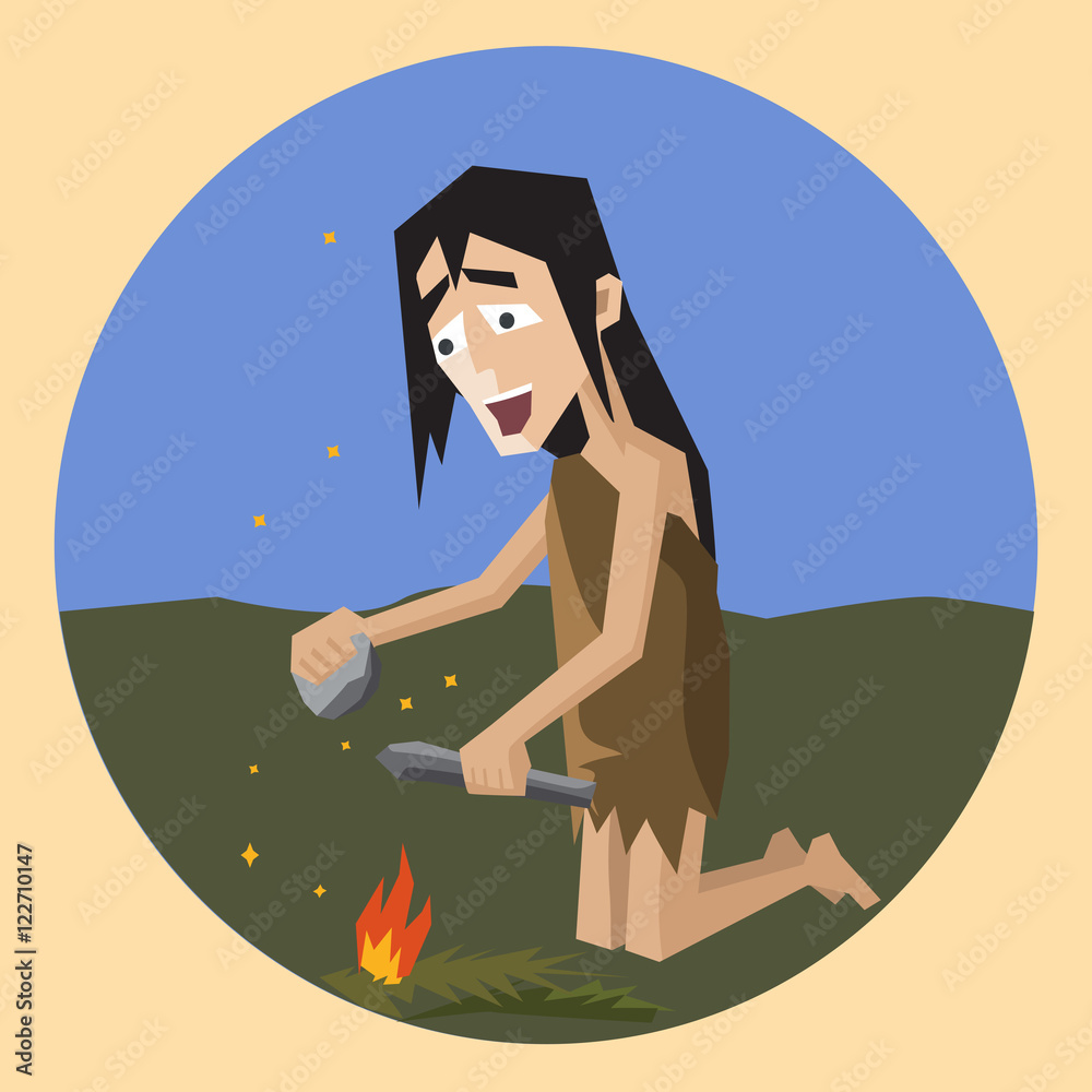 invention of fire, cartoon illustration Stock Vector | Adobe Stock