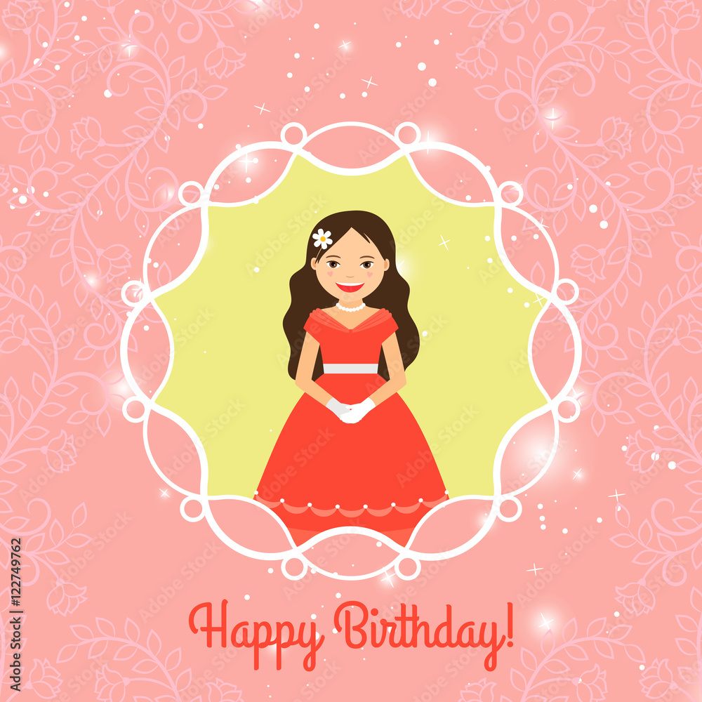 Happy Birthday greeting card template for girls with cartoon princess ...