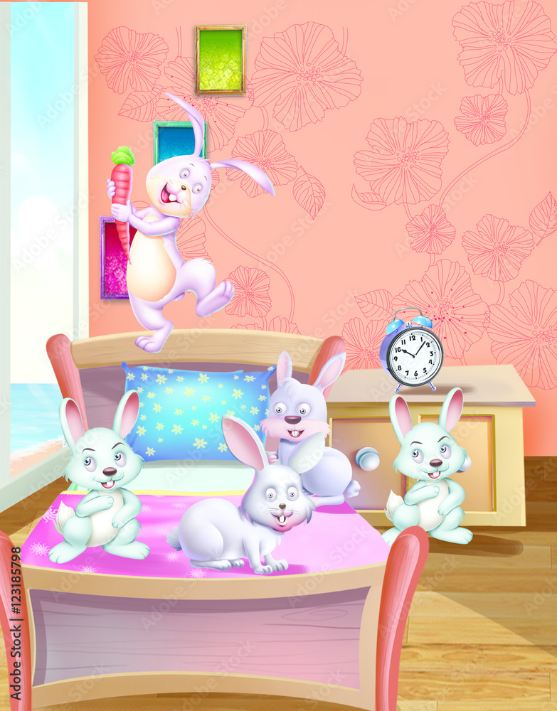 Stock-Illustration „Five little bunnies on bed“ | Adobe Stock
