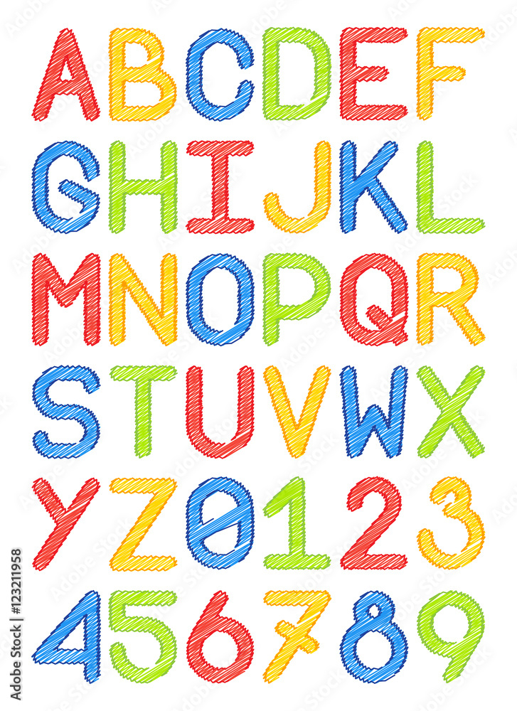 english font typeface capital letters and numbers pencil lines colorful ...