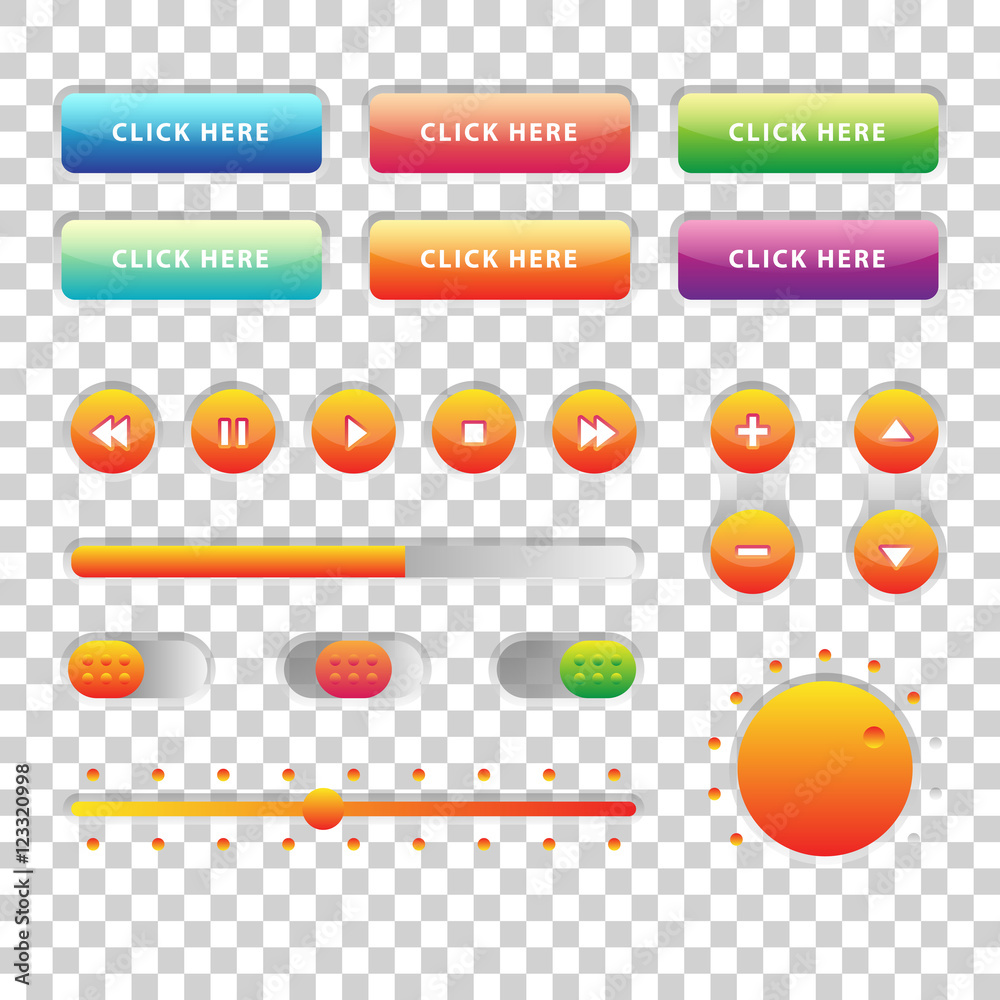 Web UI UX Music Elements Design set: Buttons, Switchers, Slider, loader on transparent ...