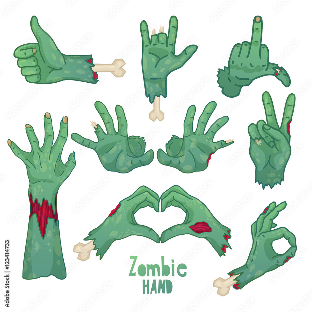 Set of icons, symbols, pin with cartoon zombie hands. Collection of ...