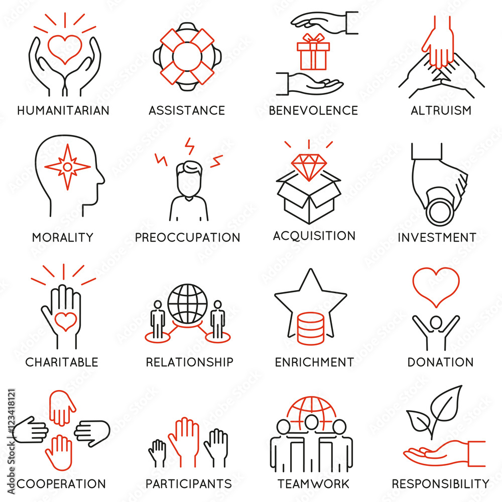 Vector set of 16 thin icons related to altruism, benevolence, human ...