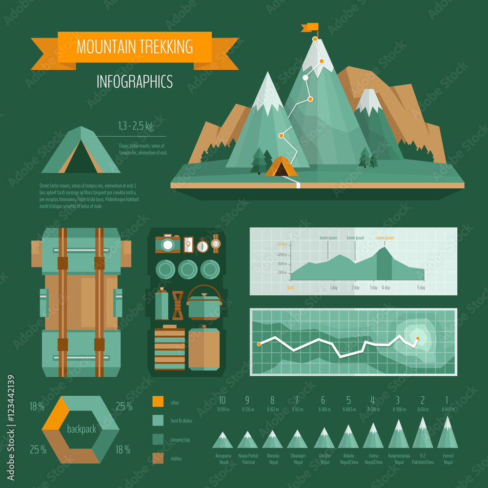 Trekking, climbing and hiking infographics. Stock Vector | Adobe Stock