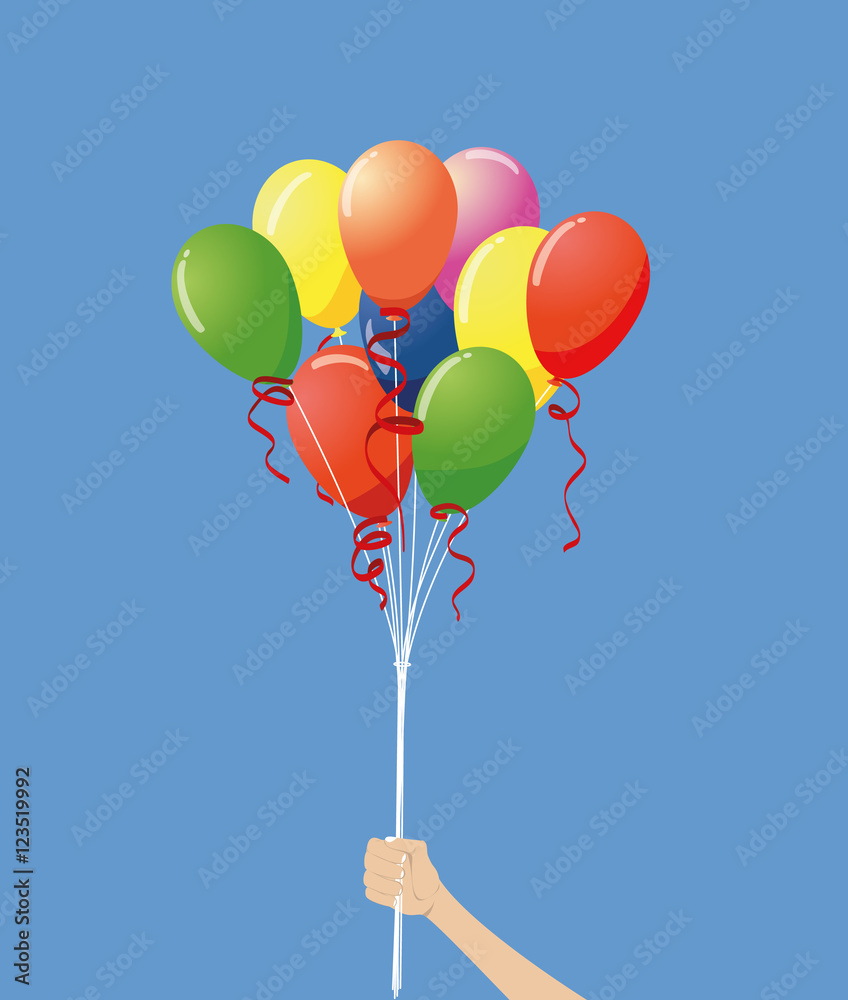 vector illustration of hand holding colorful balloons on blue ...