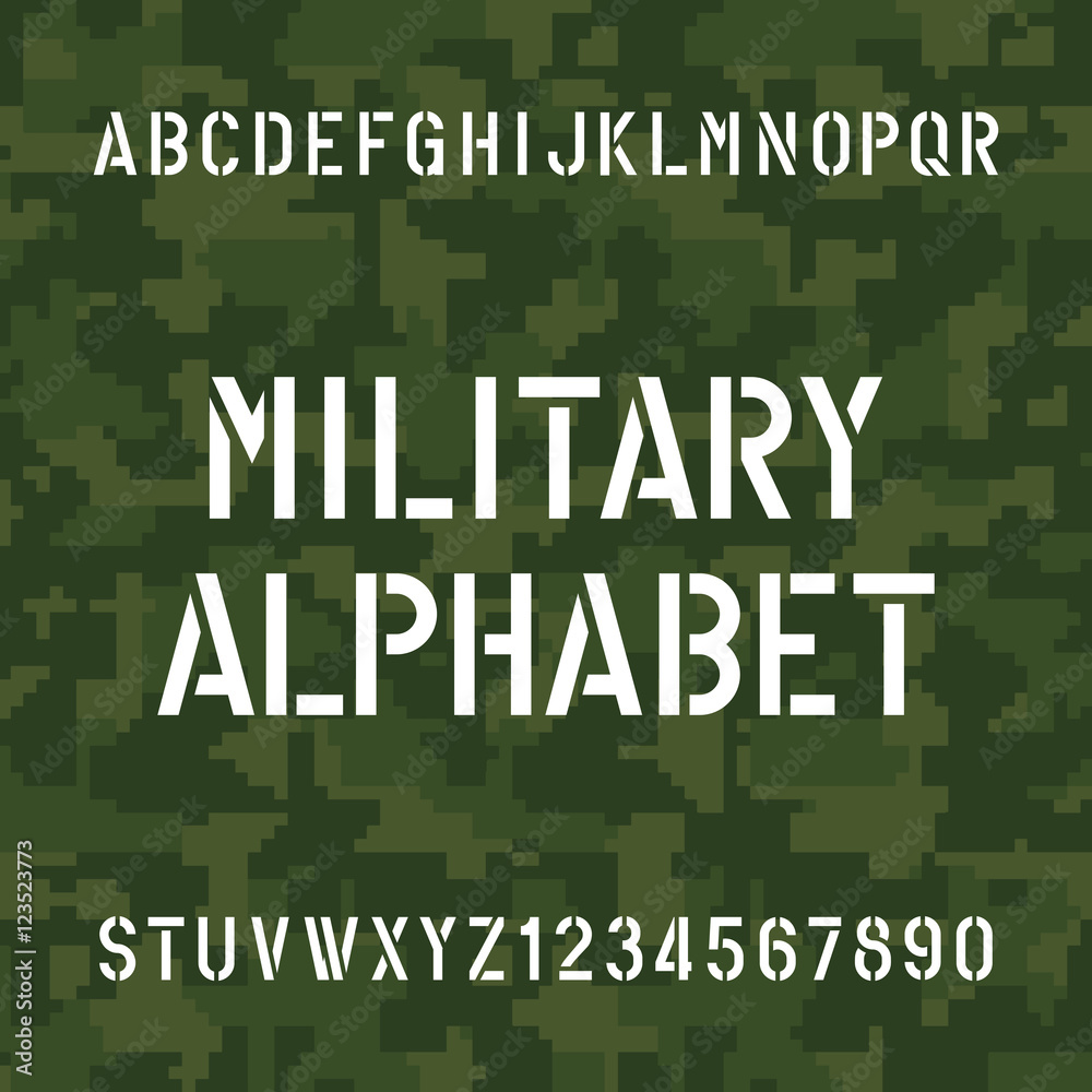 Stencil alphabet font. Type letters and numbers on pixel camo ...