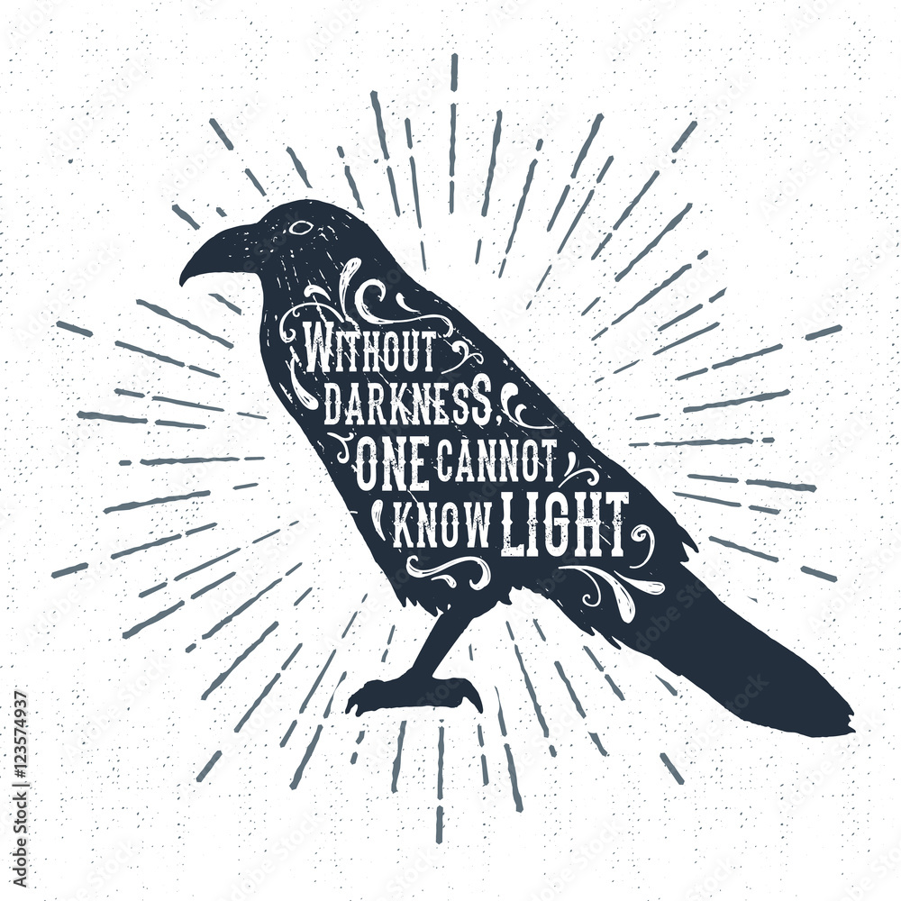Hand drawn Halloween label with textured raven vector illustration and ...