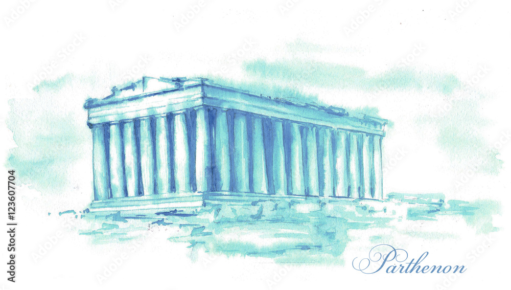 Hand-drawn watercolor drawing of the Greece landscape and famous ...