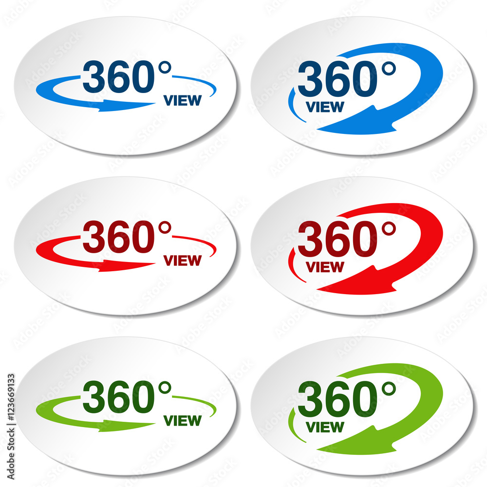 Vector white stickers for virtual tour, oval labels with blue, red ...