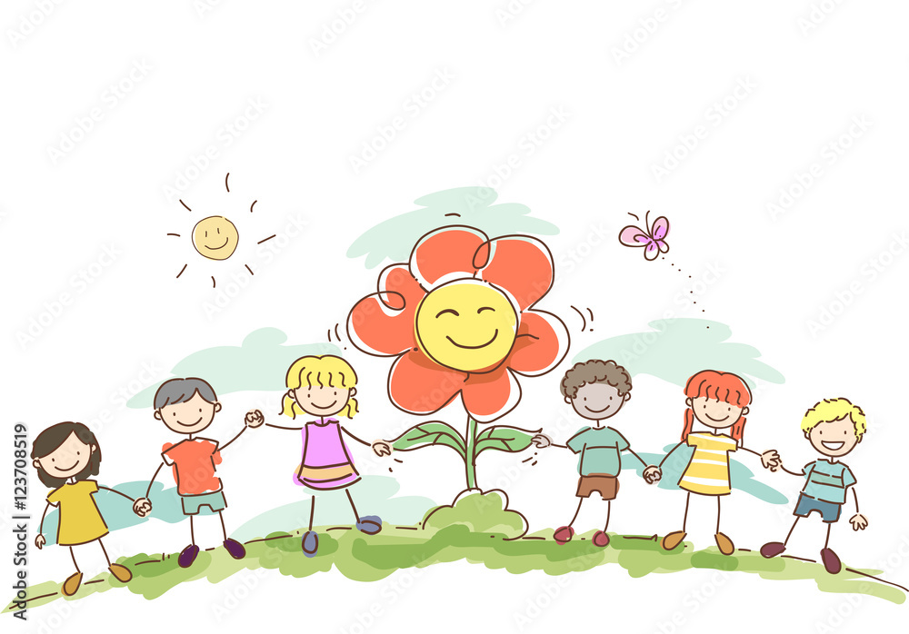 Stickman Kids Hold Hands Flower Stock Vector | Adobe Stock