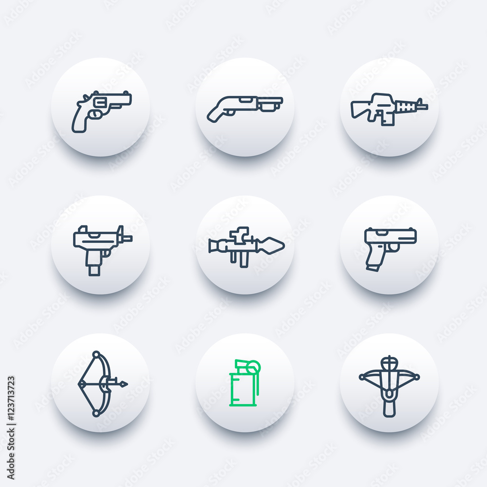 weapons line icons set, revolver, rocket launcher, pistol, submachine ...