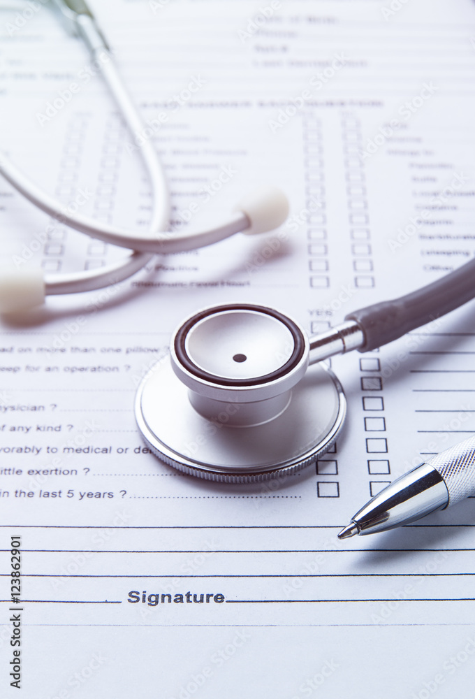 Stethoscope pen notes data on medical document Stock Photo | Adobe Stock