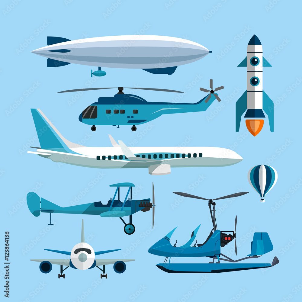 Vector set of flying transportation objects. Hot air balloon, rocket ...