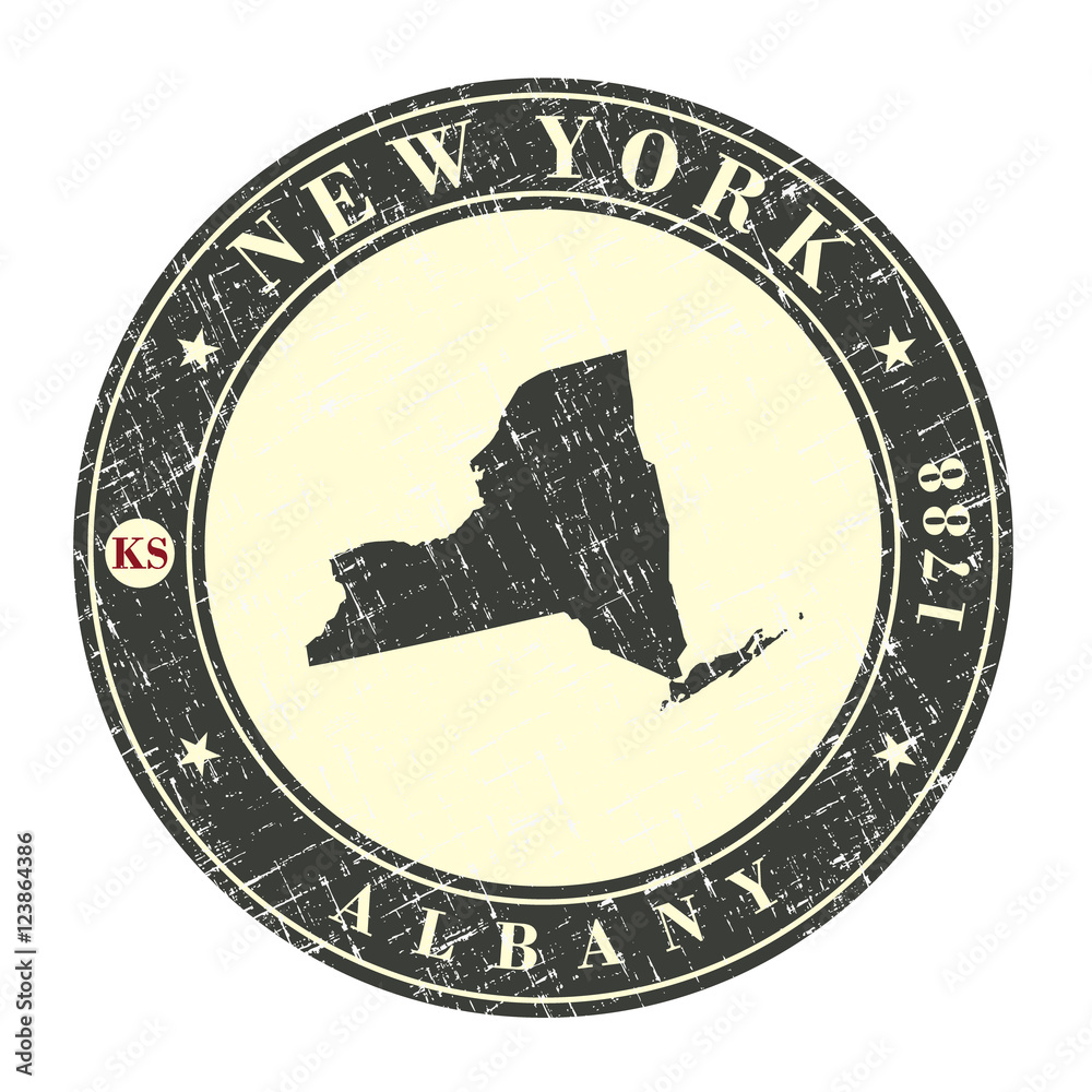 Vintage stamp with map of New York. Stylized badge with the name of the ...