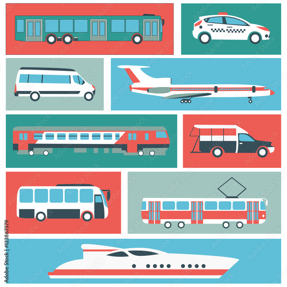 Vector set illustration of color public transport Stock Vector | Adobe ...