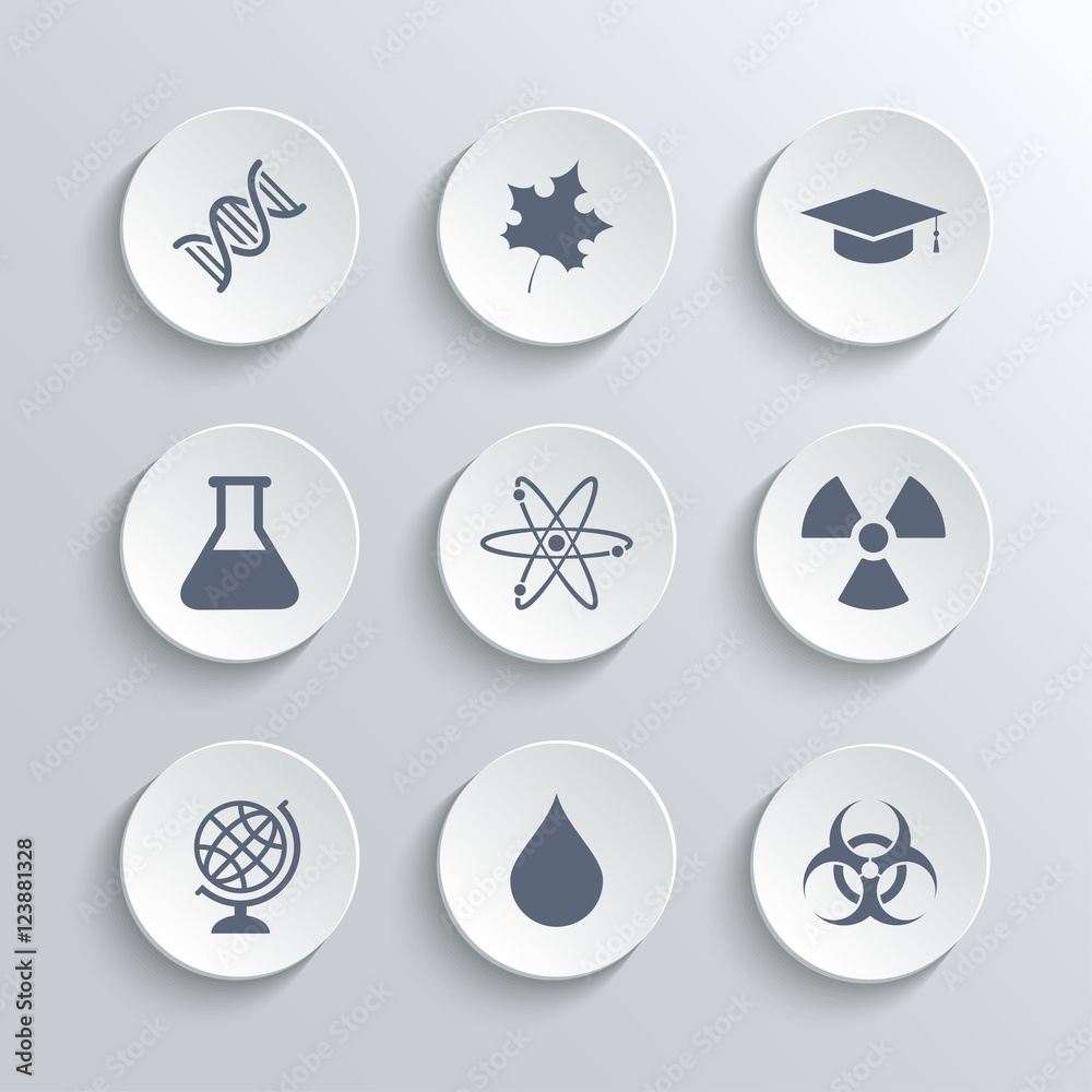 Science icons set - vector white round buttons with dna maple leaf ...
