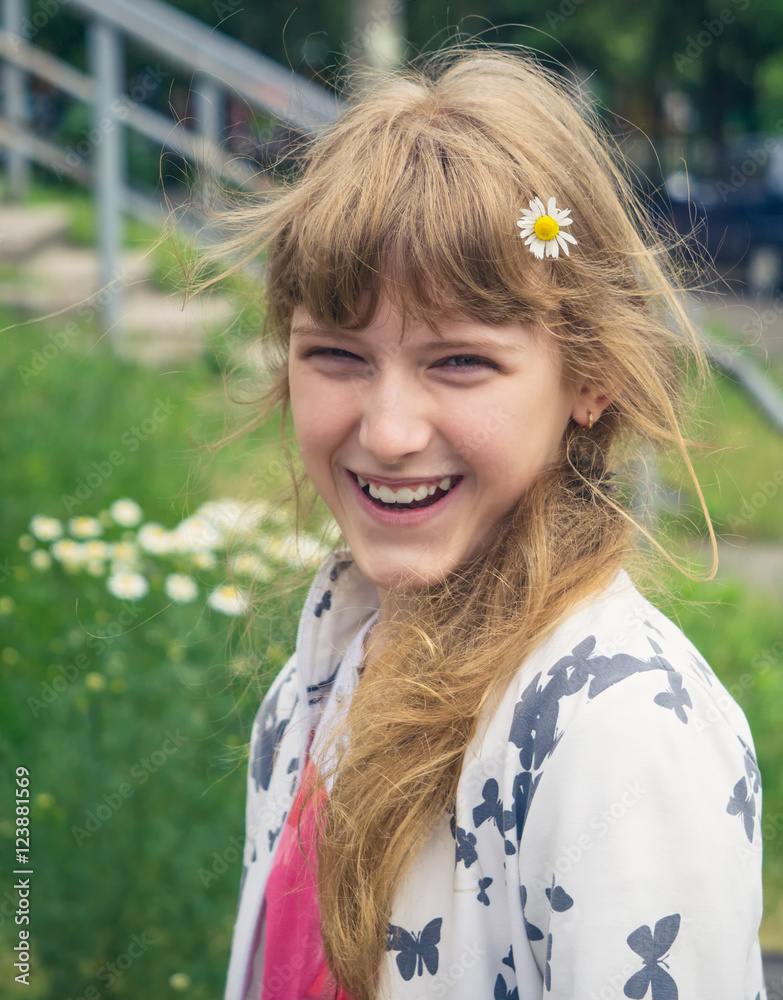 portrait of funny pretty teenage young girl smiling smirking laughing ...