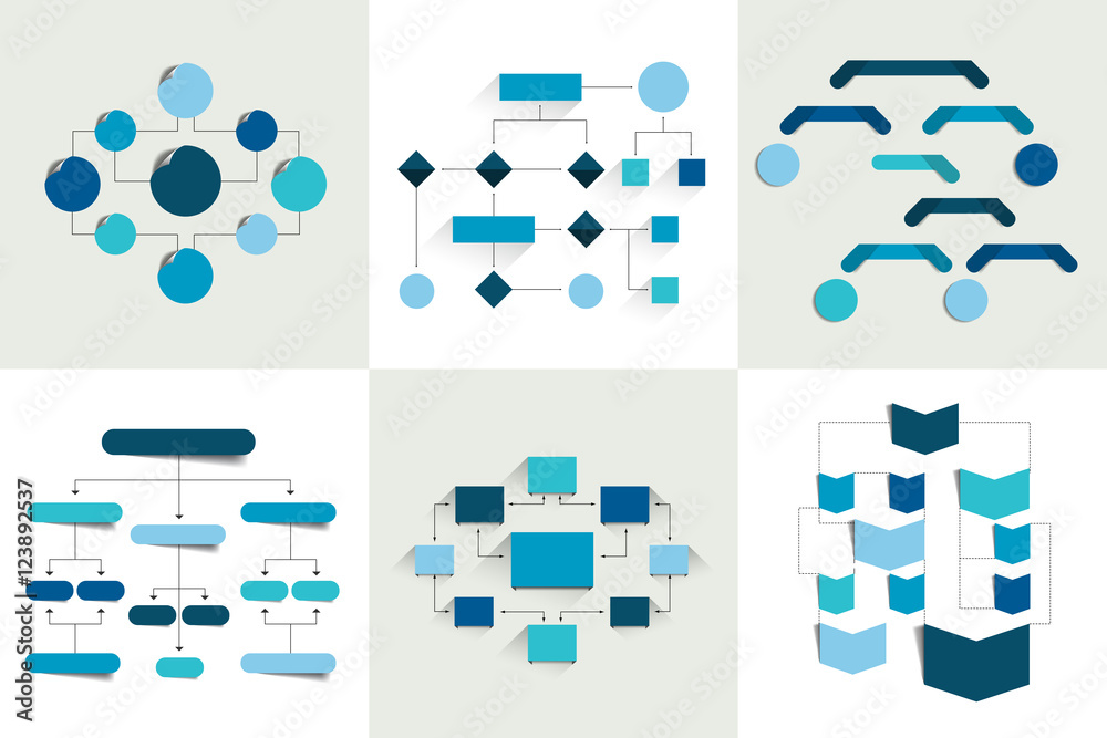 Flowcharts. Set of 6 flow charts schemes, diagrams. Simply color ...