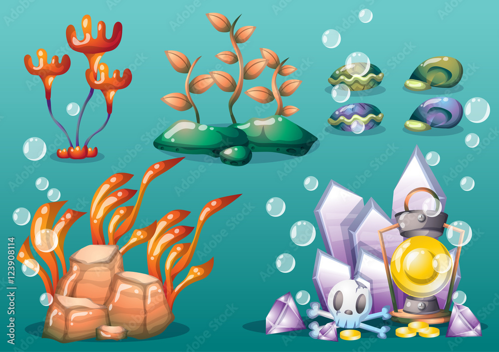cartoon vector underwater objects with separated layers for game art ...