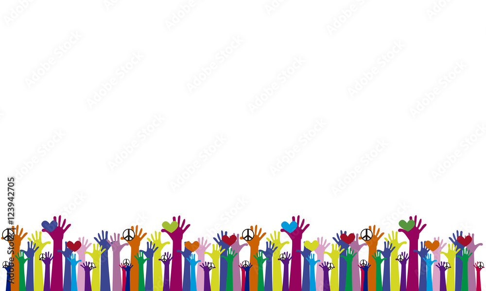 Manos de colores con corazones y símbolos de la paz. Stock Vector ...