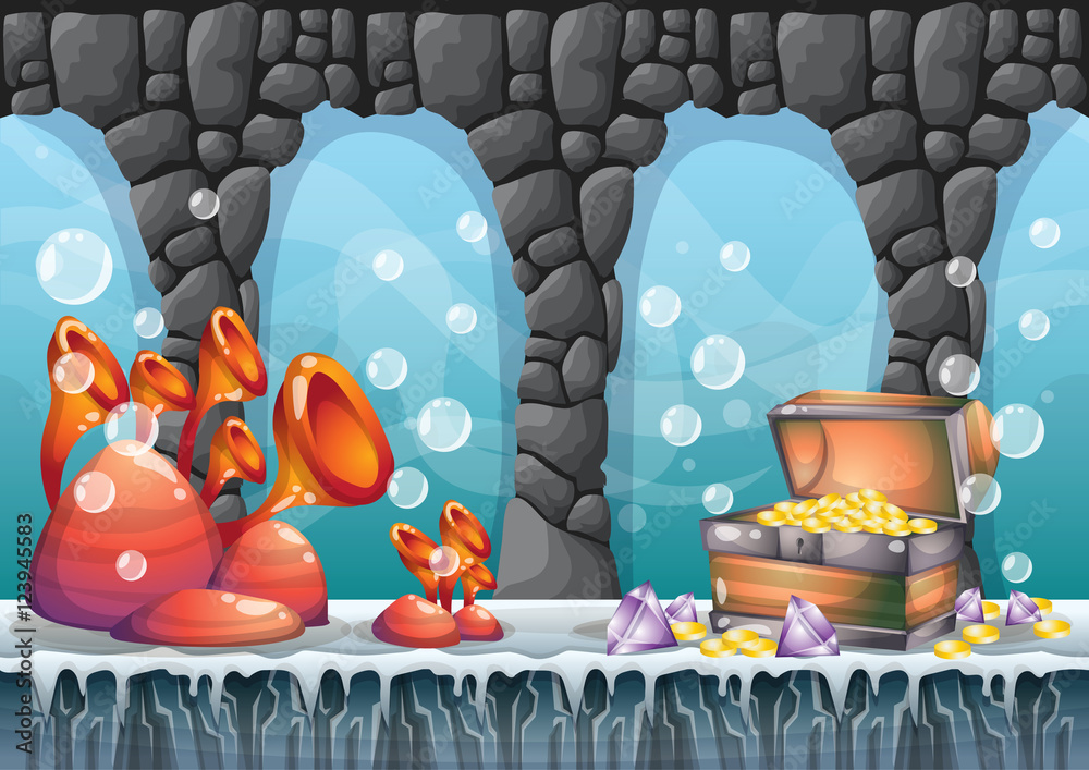 cartoon vector underwater treasure background with separated layers for ...
