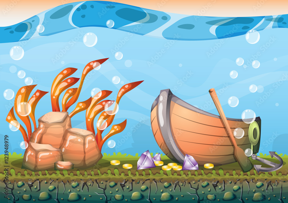 cartoon vector underwater treasure background with separated layers for ...