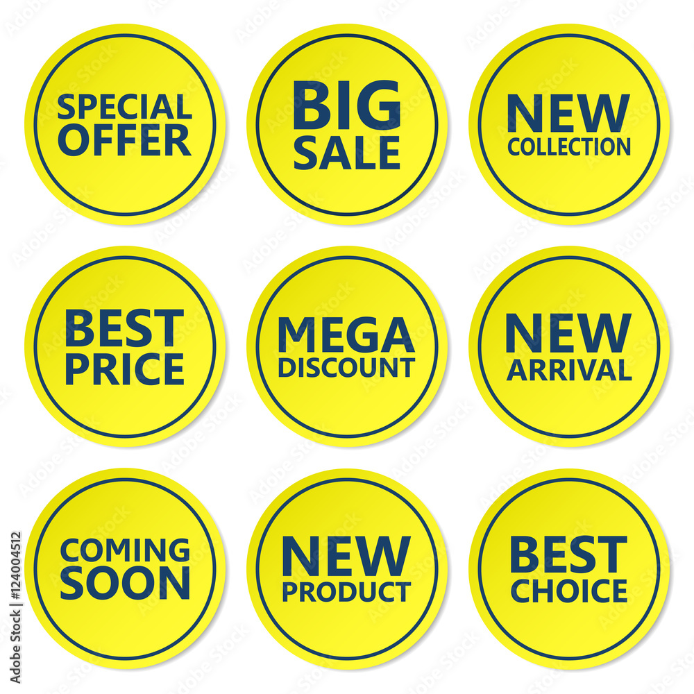 Sale discount sticker set. Commercial collection of yellow offer labels ...