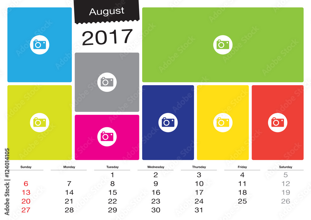 Vector calendar August, 2017 with image frames, A3 size - Change the ...