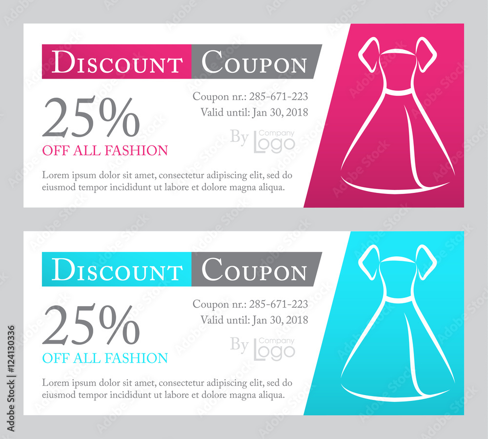 Fashion discount coupon with line illustration of dress on pink and ...