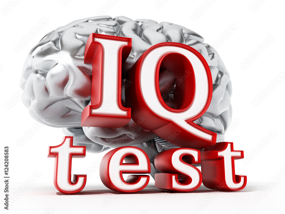 Human brain and IQ test text isolated on white background. 3D ...