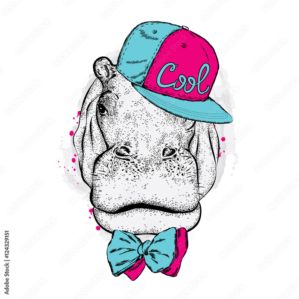 Cool hippo wearing a cap and sunglasses. Vector illustration for a card ...