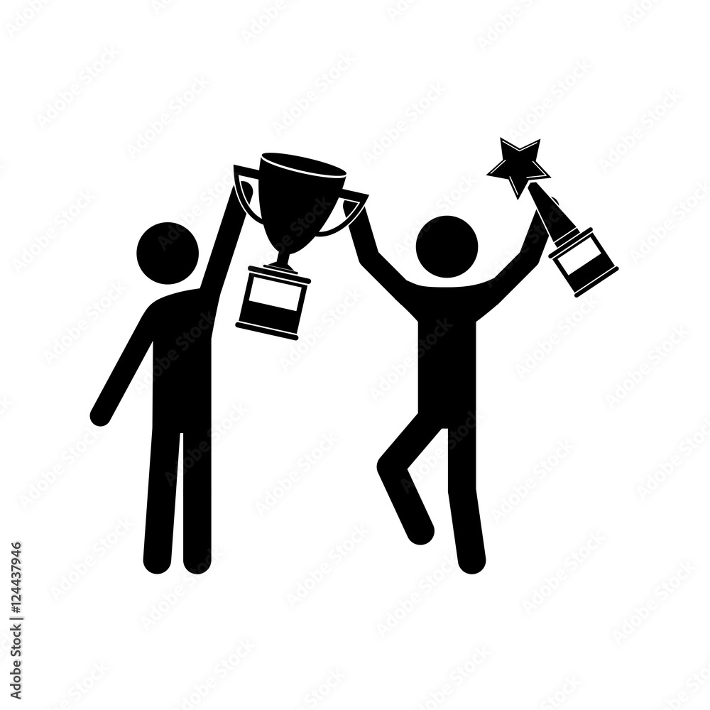 avatar man with arms up holding a winner trophy icon over white ...