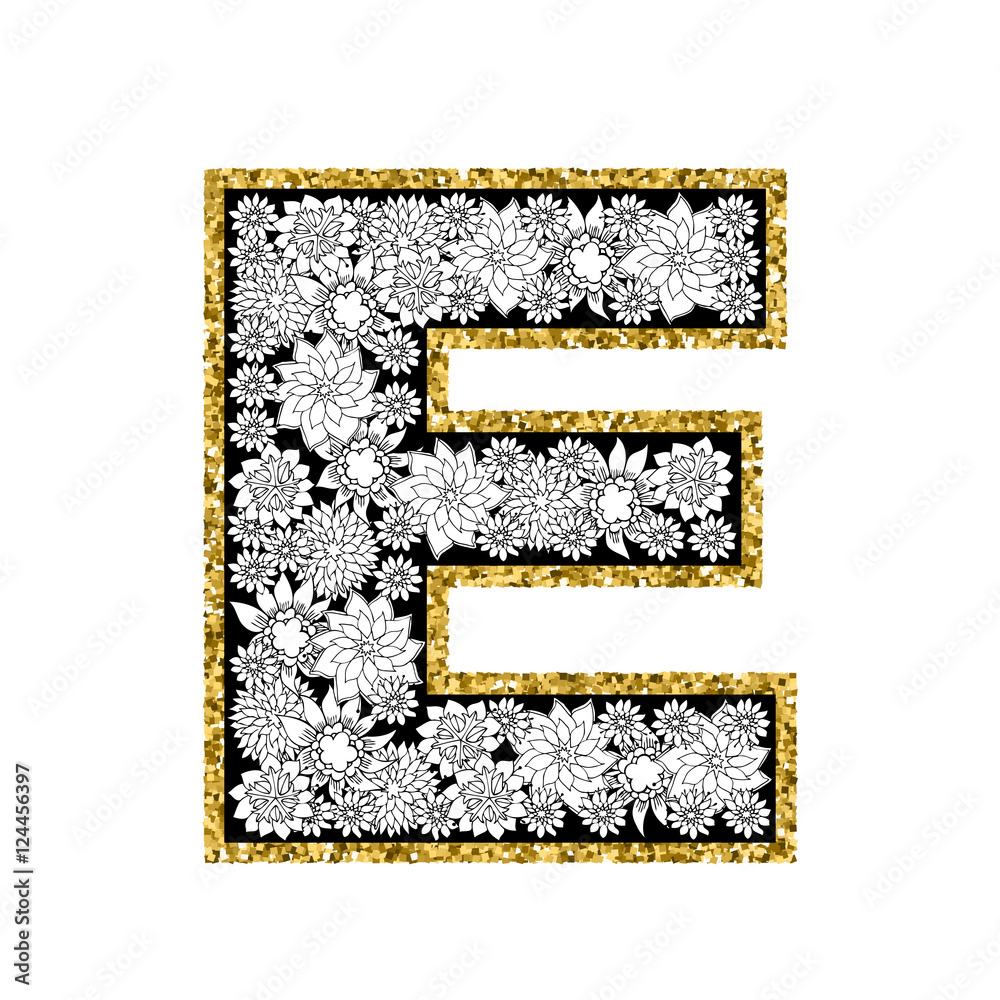 Hand drawn floral alphabet design. Gold glittering contour. Letter E ...