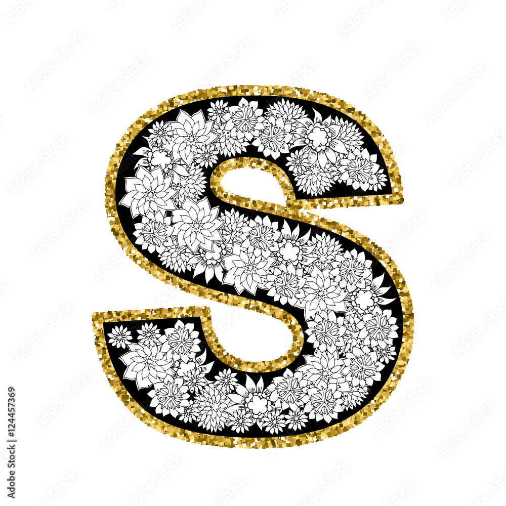 Hand drawn floral alphabet design. Gold glittering contour. Letter S ...