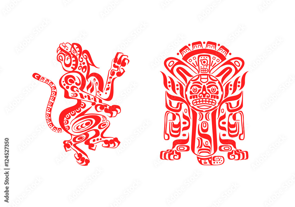 aztec mayan tattoos jaguar and warrior in red color isolated Stock ...
