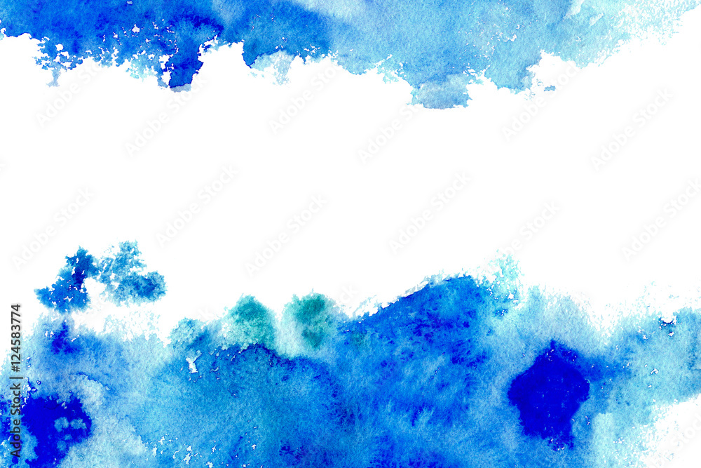 Abstract blue spreading watery frame.Aquatic backdrop.Watercolor hand ...