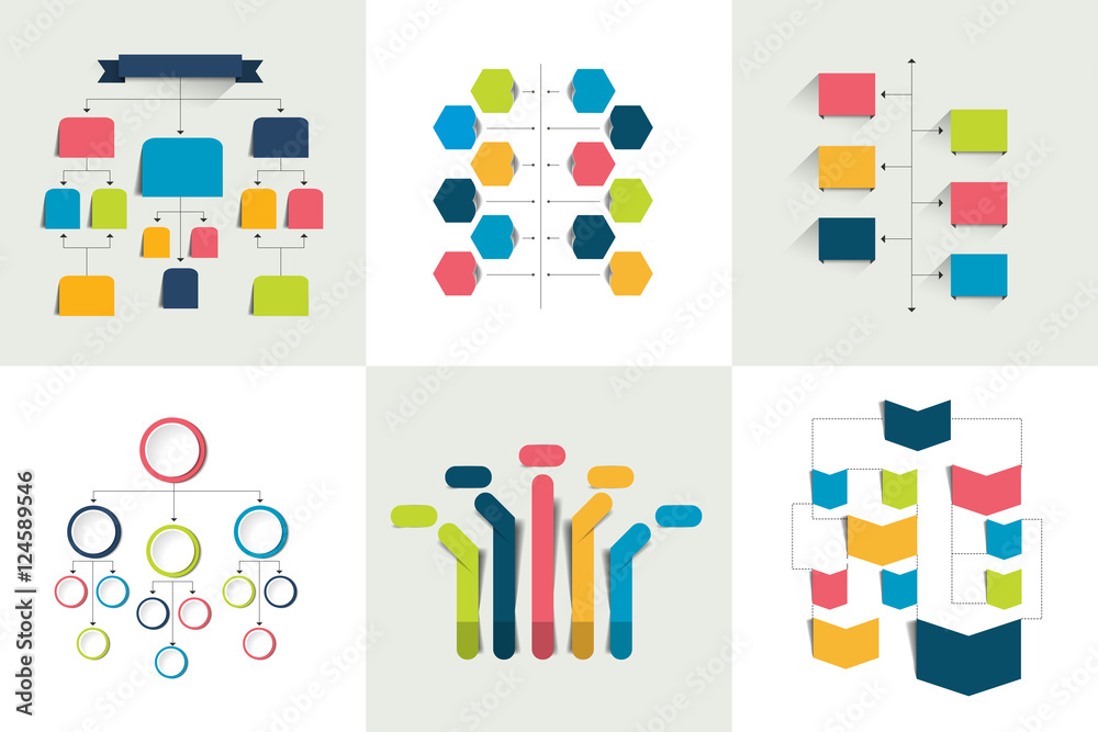 Flowcharts. Set of 6 flow charts schemes, diagrams. Simply color ...