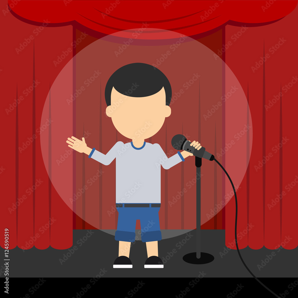 Stand up comedy. Male presenter and comedian standing at the scene with ...