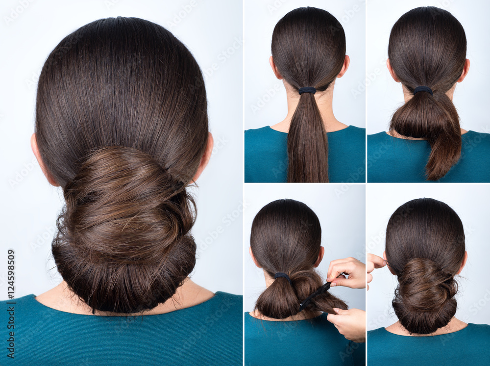 Hairstyle tutorial twisted bun Stock Photo | Adobe Stock